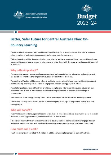 Budget 23-24 Factsheet - Better Safer Future for Central Australia - Department of Education ...